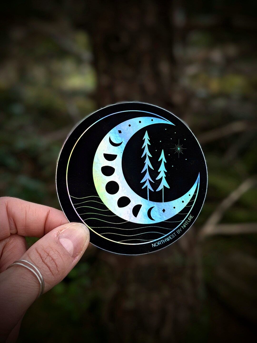 Moon Phases Holographic Sticker - Starry Sky - Waves - Trees - West ...