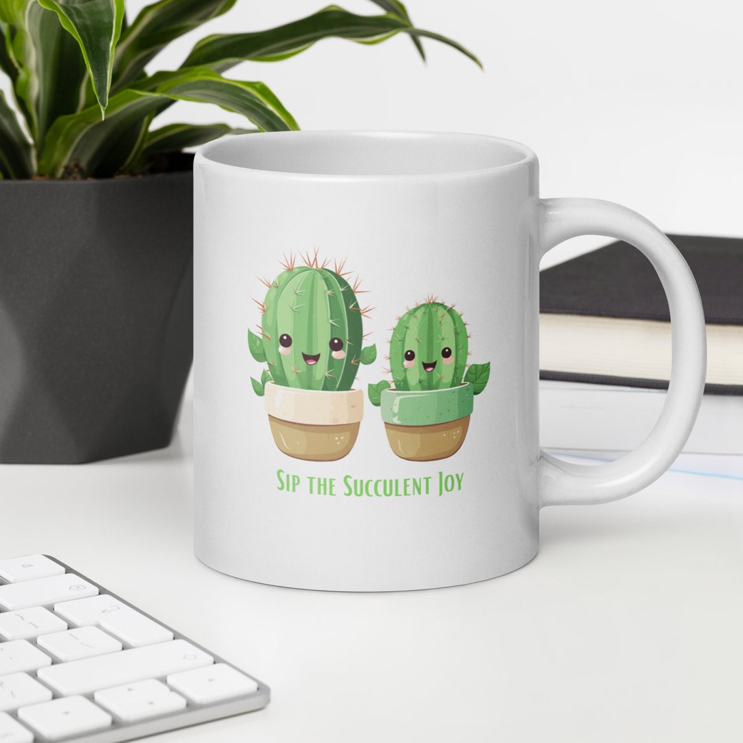 Adorable Cactus Bliss Mug, Simply Cute Cactus Cup, White Glossy Ceramic ...