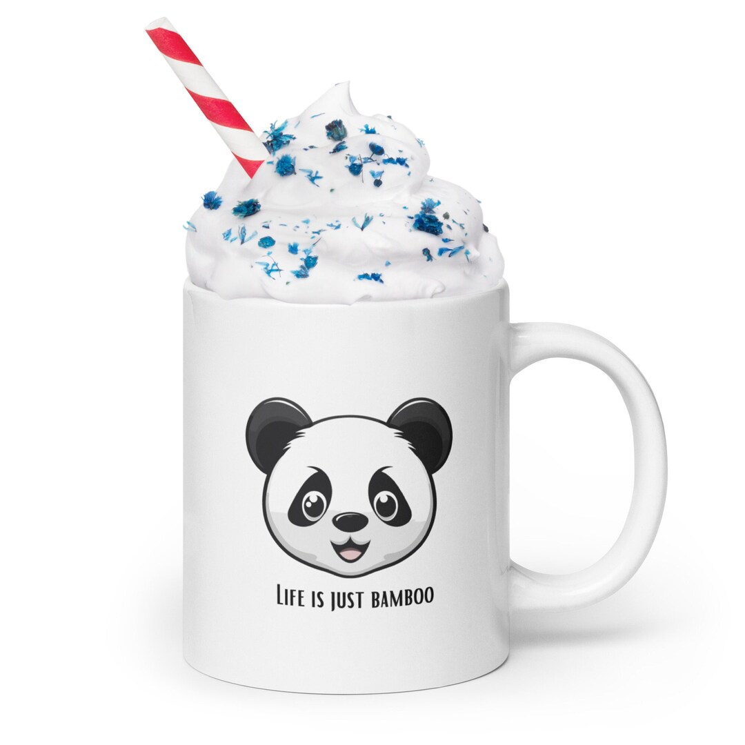 Cute Panda Face Mug, White Glossy Ceramic, Charming Flower Pattern ...