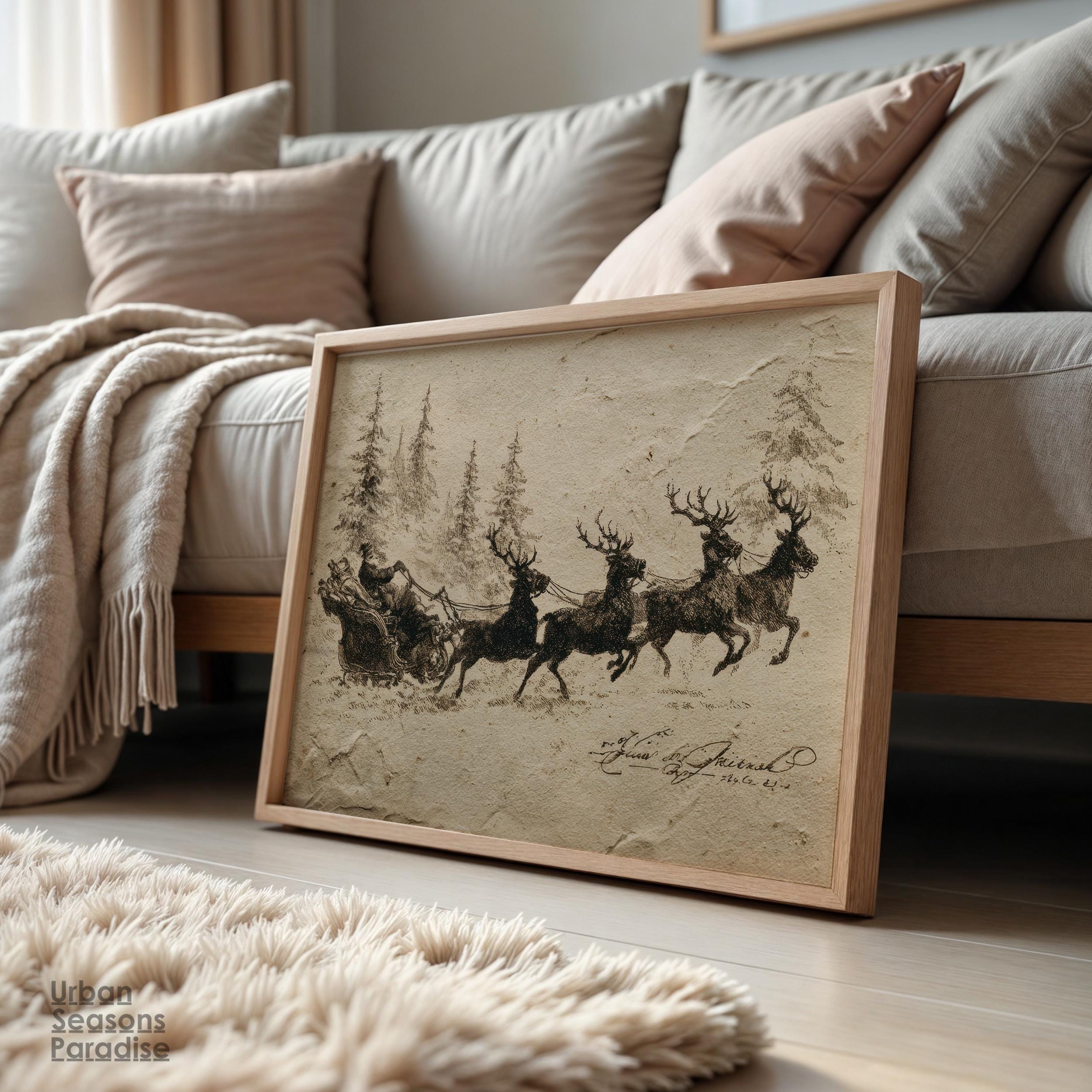 Antique Santa Sleigh & Reindeer Wall Art – Vintage Christmas Print ...