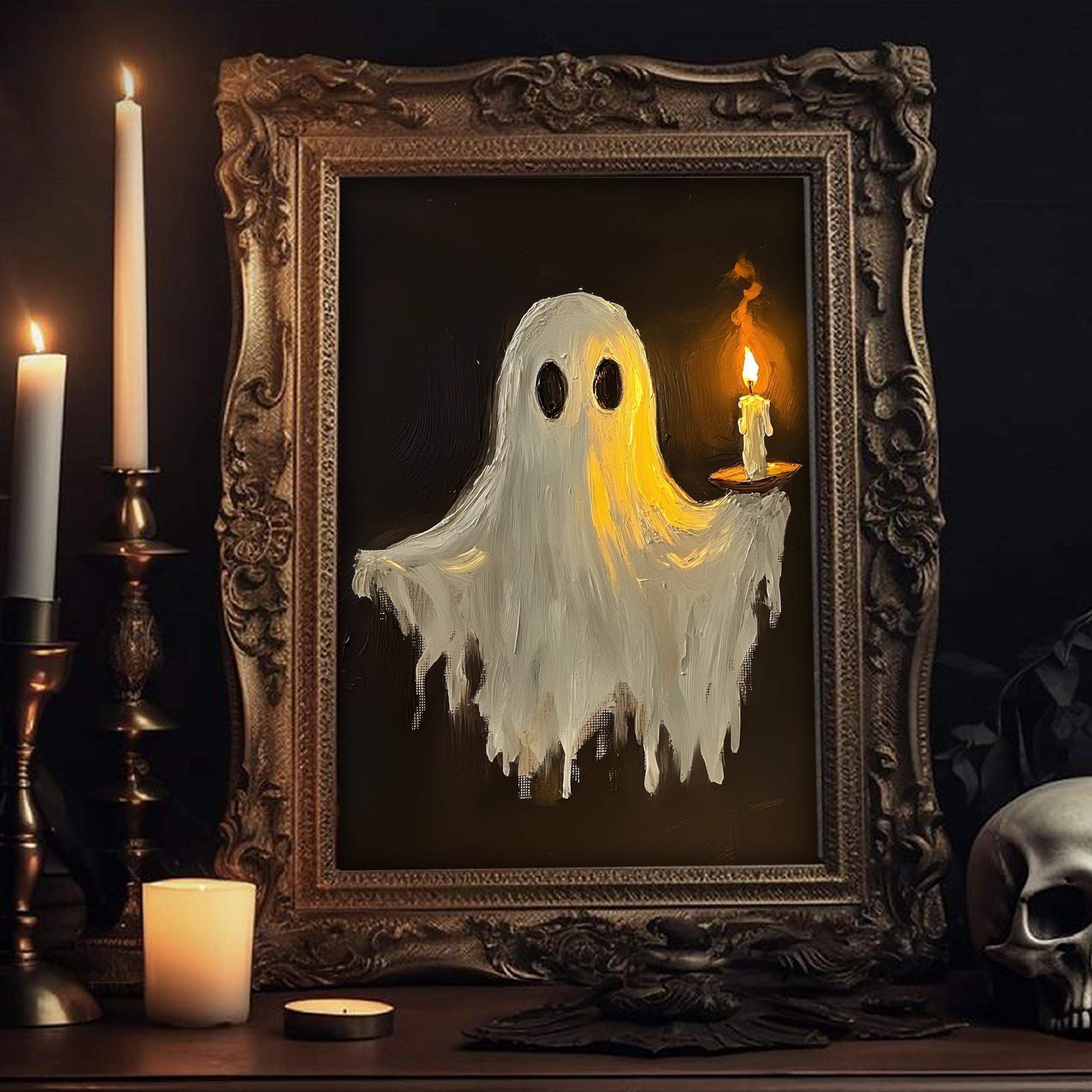 Cute Ghost Holding A Candle Oil Paint, Vintage Halloween Wall Art ...