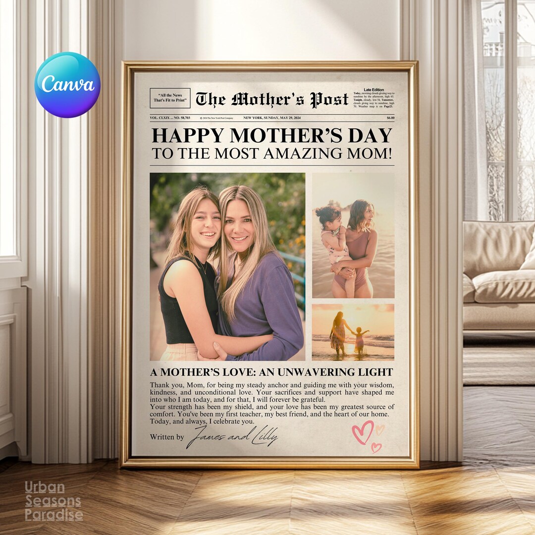 Mother’s Day Newspaper Template, DIY Canva Gift for Mom & Grandma ...