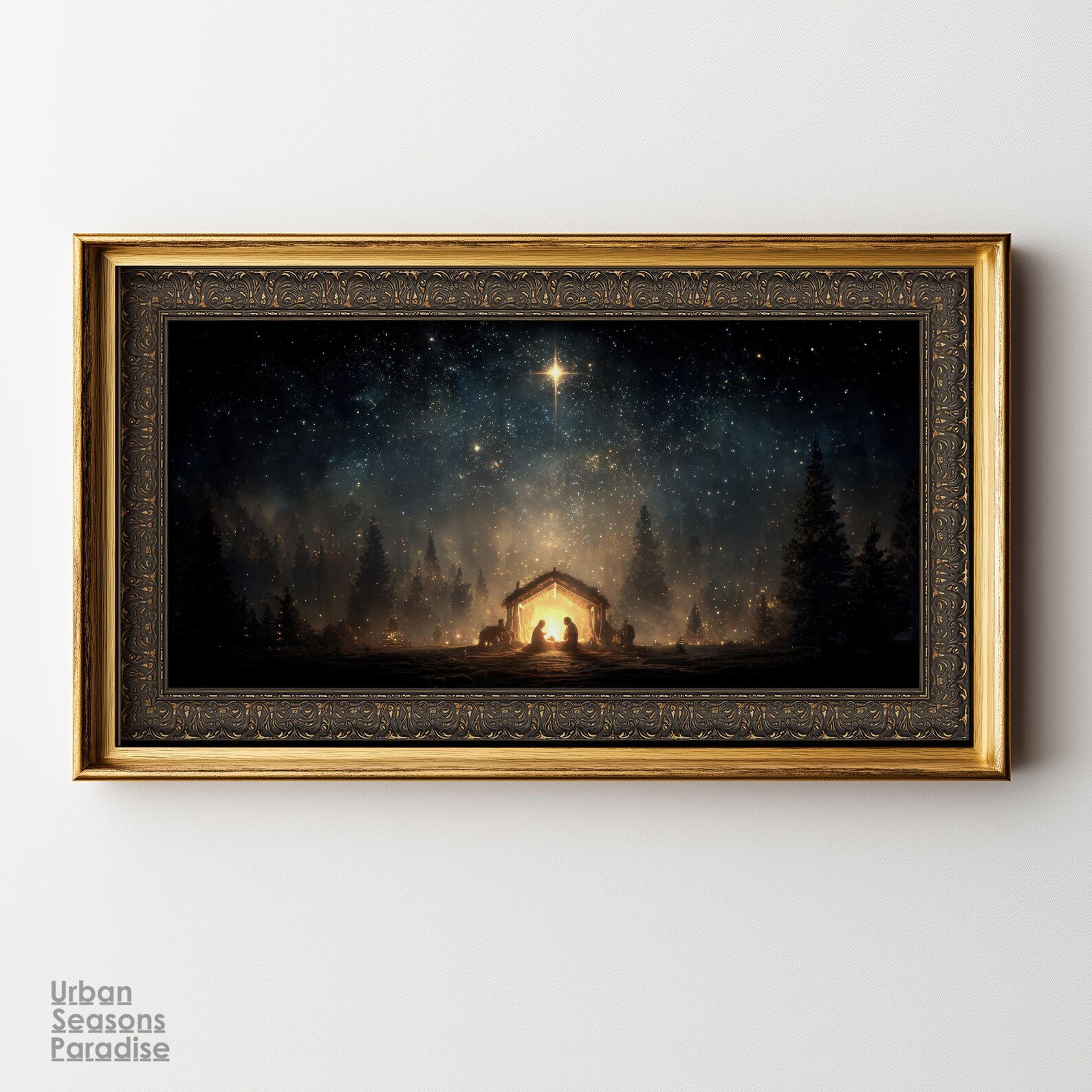 Vintage Nativity Scene Frame TV Art With Gold Frame Design, Christian ...