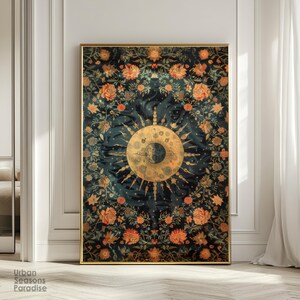 Solar Eclipse Wall Art, Celestial Moon Print, William Morris Botanical Floral Decor, Lunar ...