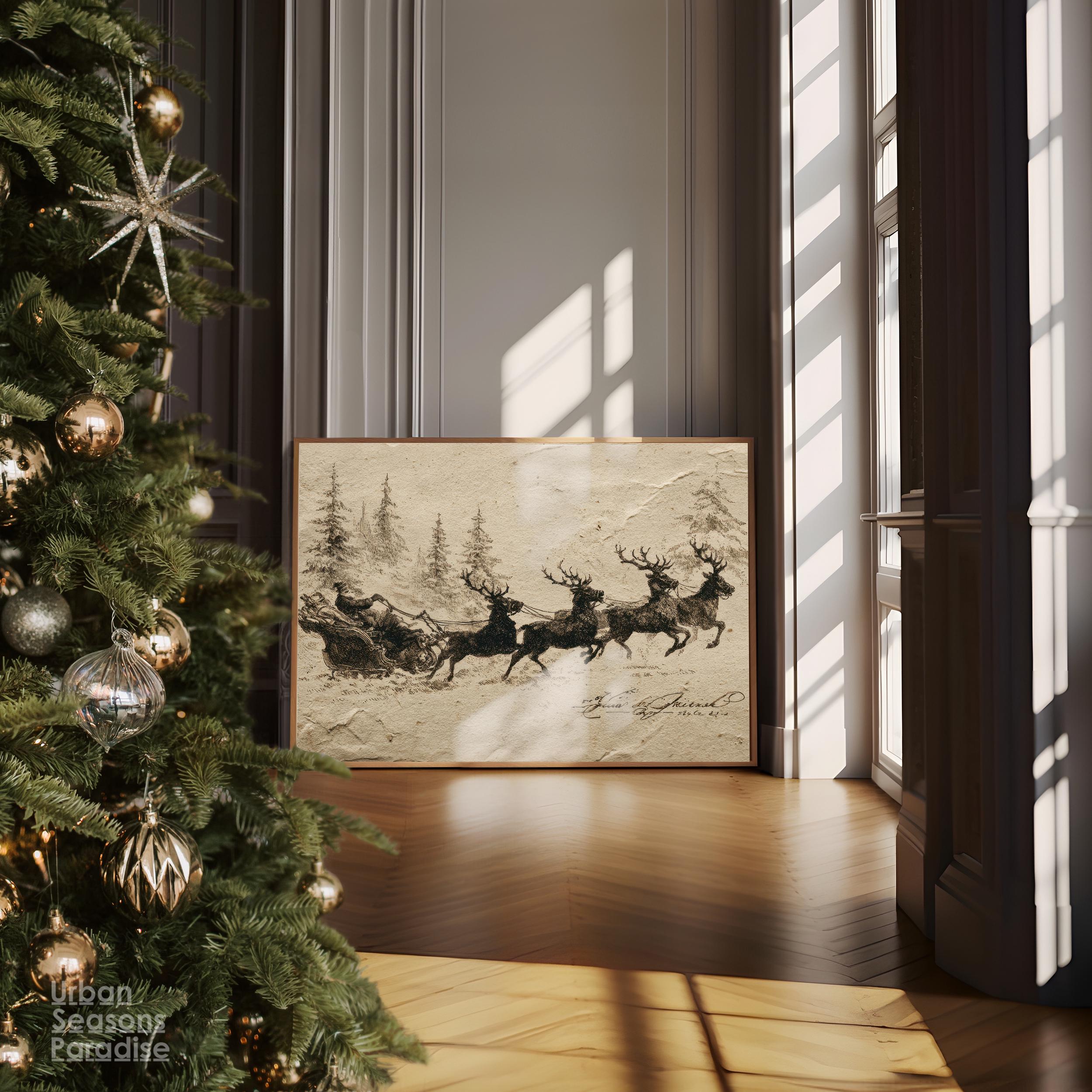 Antique Santa Sleigh & Reindeer Wall Art – Vintage Christmas Print ...