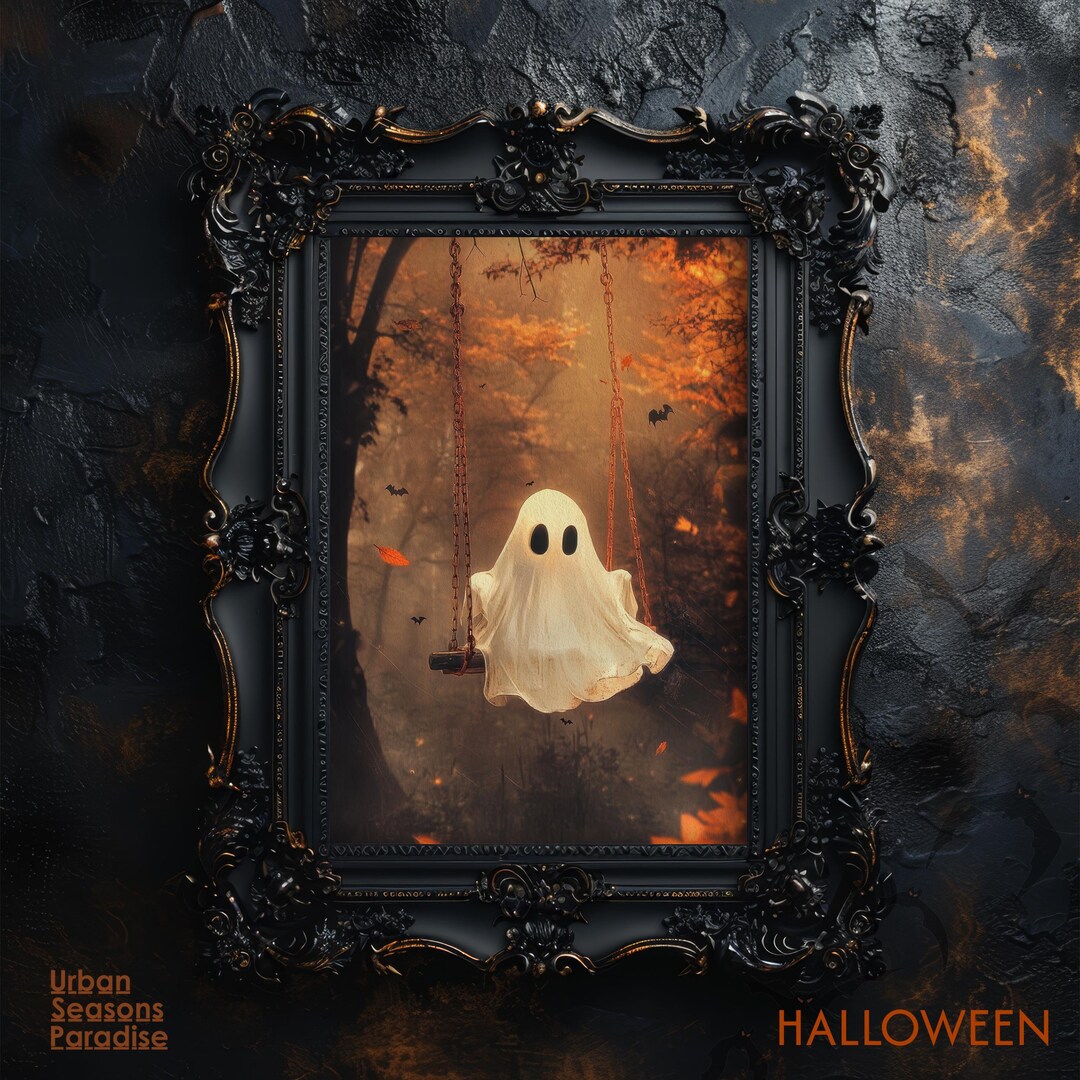 Vintage Cute Halloween Ghost on Swing Wall Art, Fall Decor, Retro ...