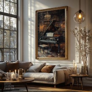 Vintage Piano Library Wall Art Print, Dark Academia Oil Painting ...