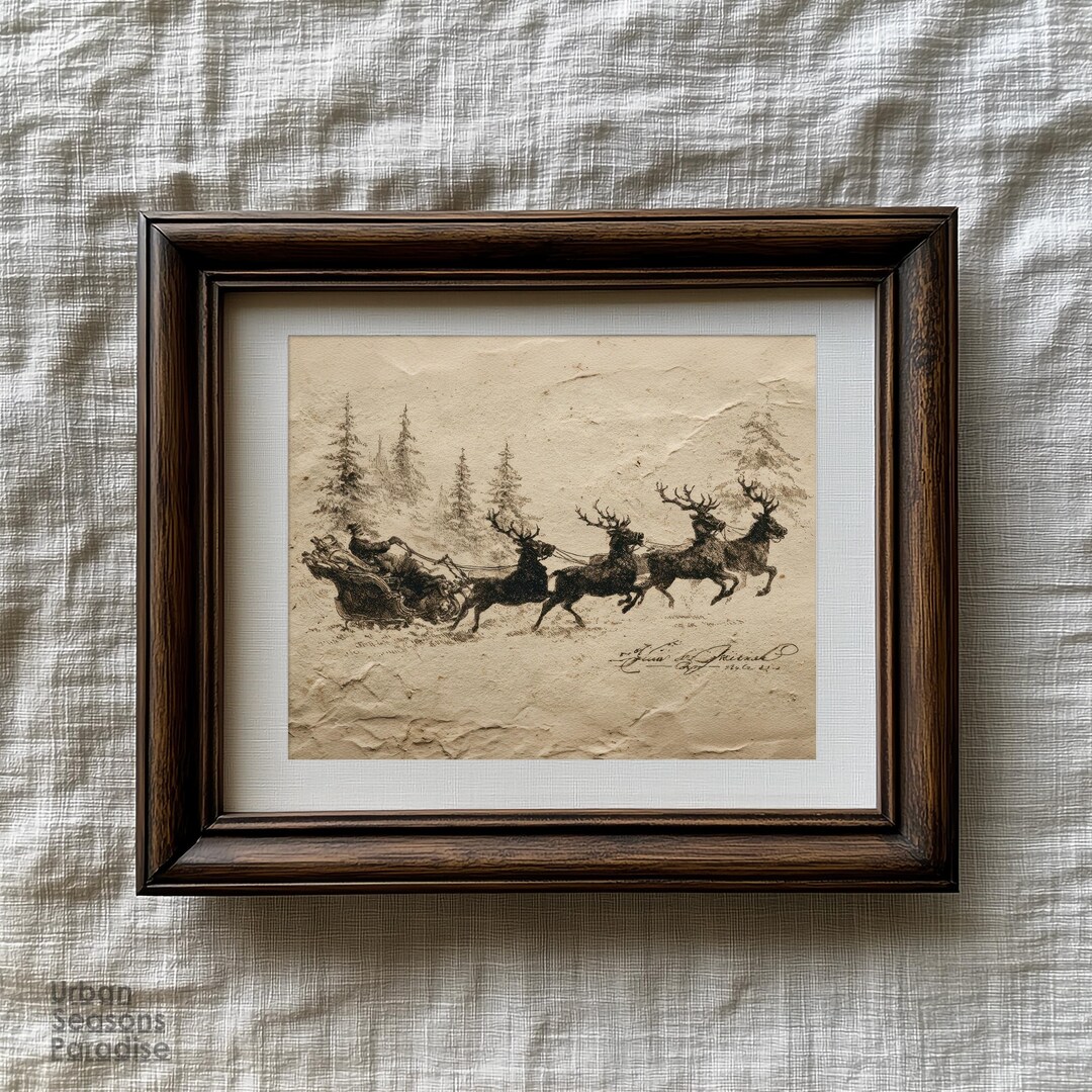 Antique Santa Sleigh & Reindeer Wall Art – Vintage Christmas Print ...