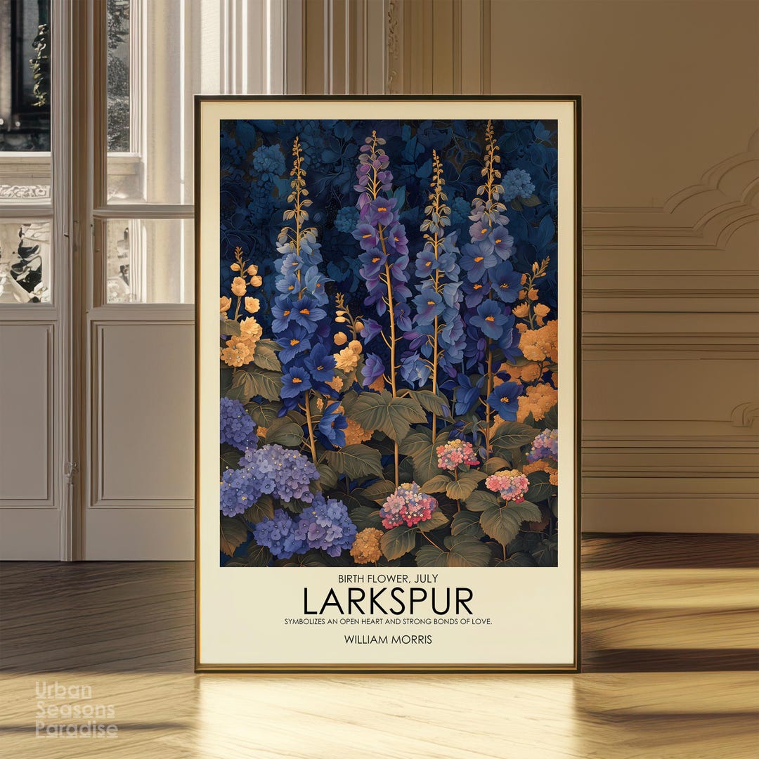 July Birth Flowers Art Print, Larkspur Birthday Family Gift, Birth ...