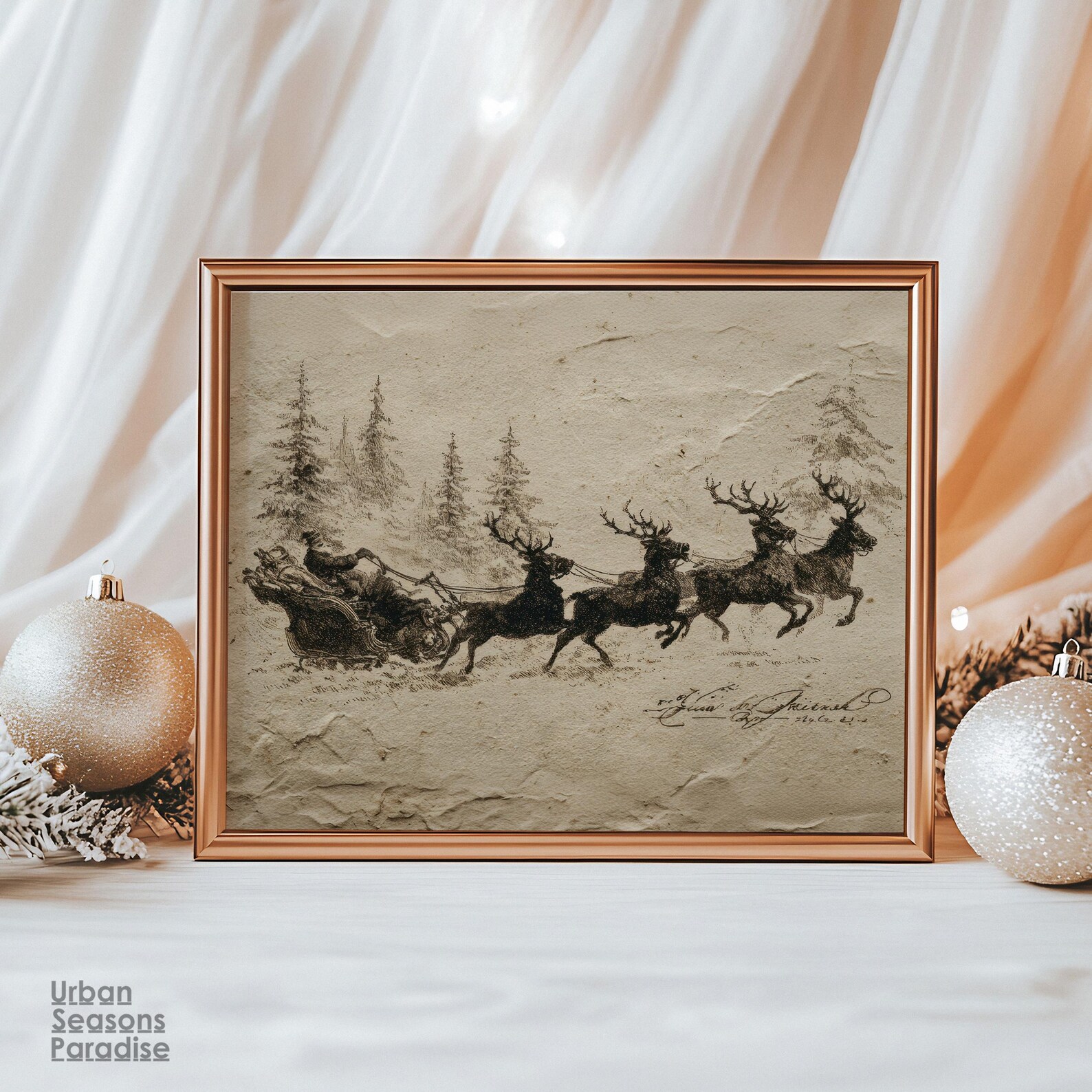 Antique Santa Sleigh & Reindeer Wall Art – Vintage Christmas Print ...