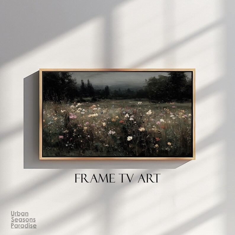 Dark Floral Meadow Frame TV Art, Vintage Oil Painting Landscape, Moody ...