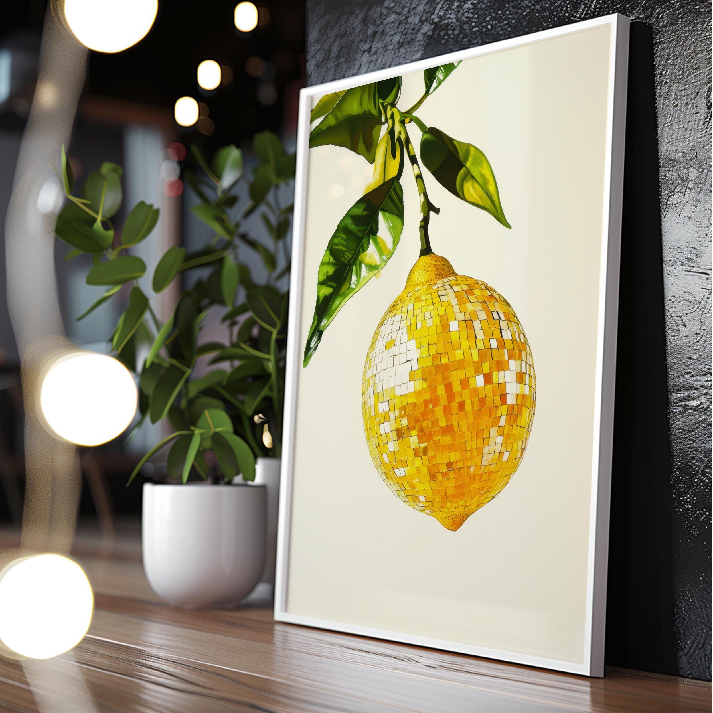 Retro Lemon Disco Ball Print, Funky Citrus Mirror Ball Art, Preppy Bar ...