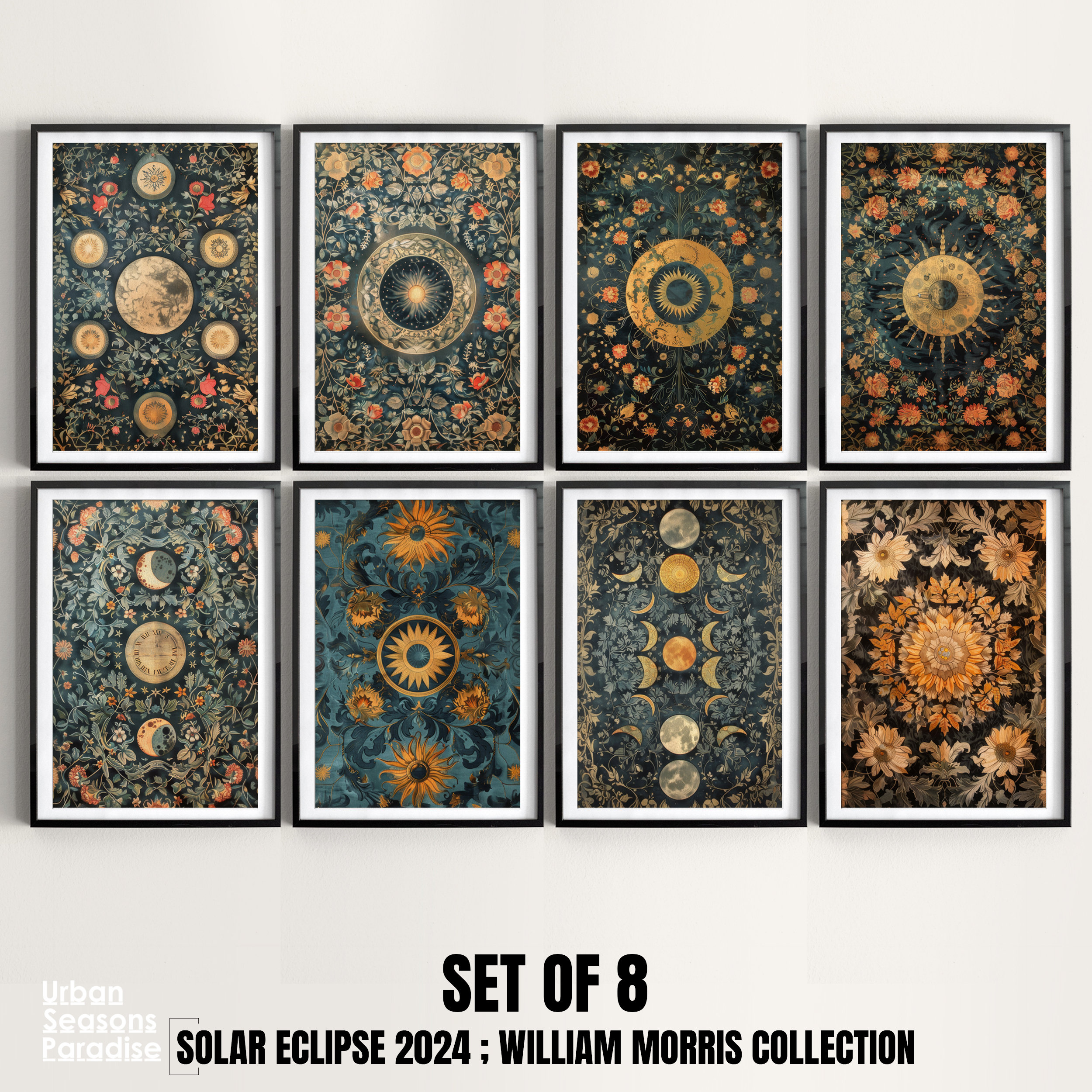 2024 Total Solar Eclipse Art, 8 William Morris Prints Set Decor Wall ...