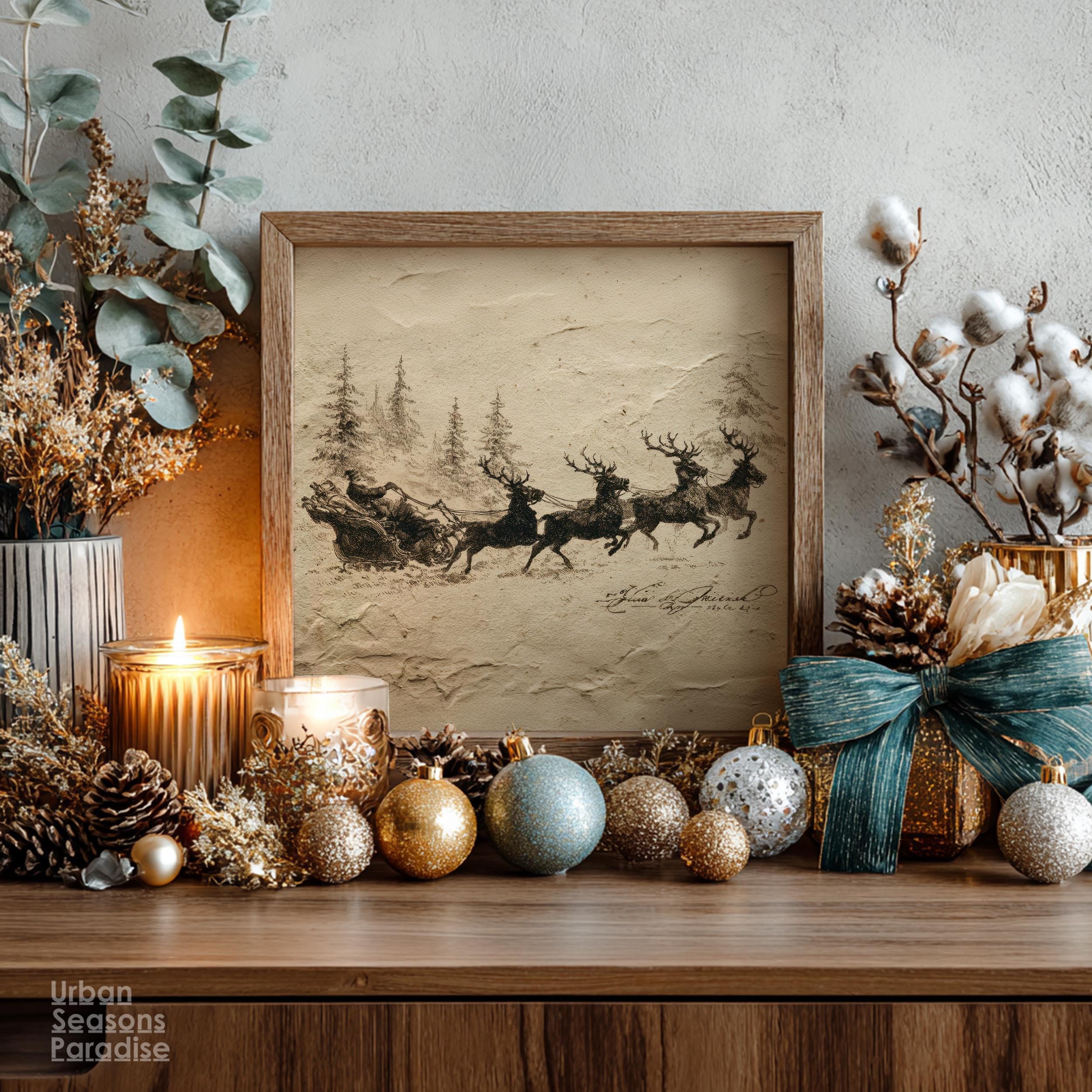 Antique Santa Sleigh & Reindeer Wall Art – Vintage Christmas Print ...