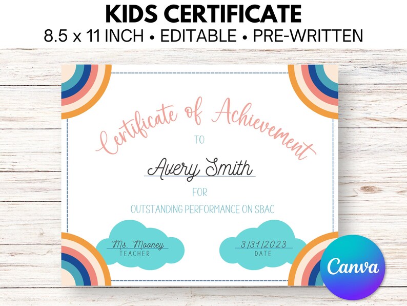 Customizable Rainbow Kids Certificate Canva Powerpoint Google Slides ...