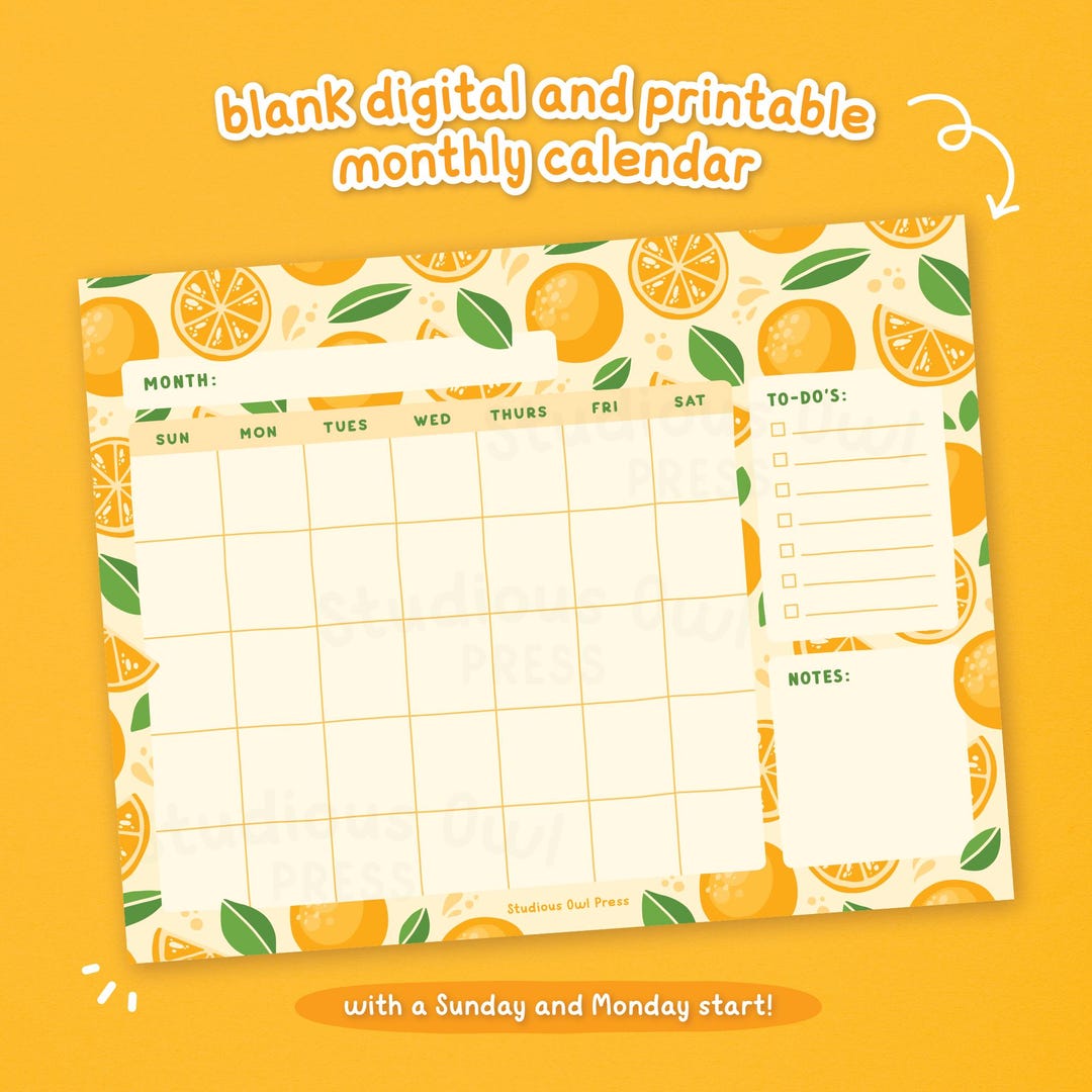 Digital & Printable Blank Monthly Calendar | Oranges | 8.5" X 11 ...