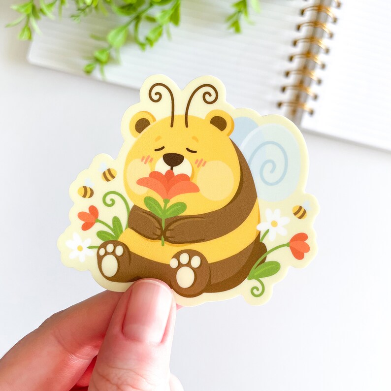 Bee Bear Sticker | Bear With Spring Flowers Sticker | Cute Floral Bear ...