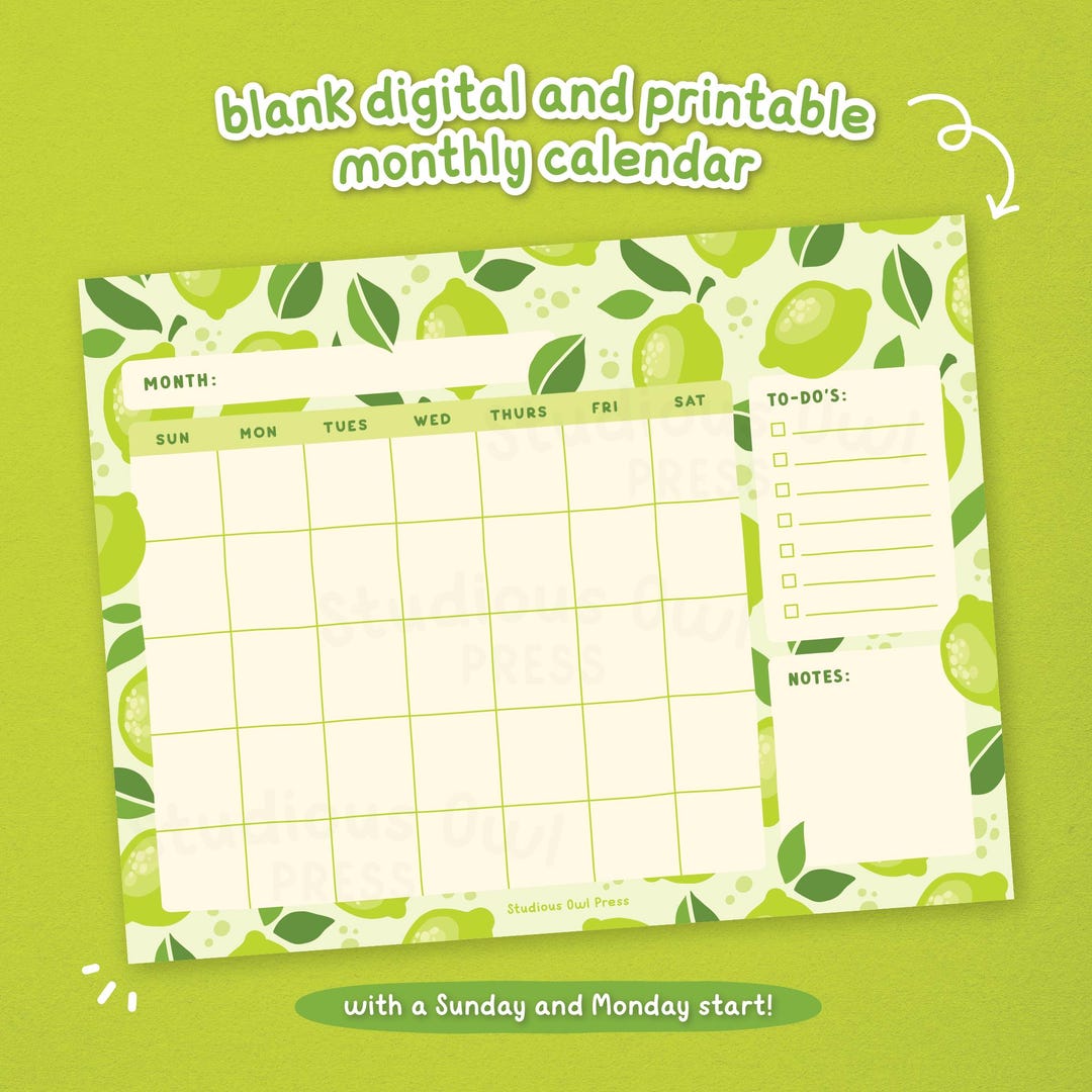 Digital & Printable Blank Monthly Calendar | Limes | 8.5" X 11 ...