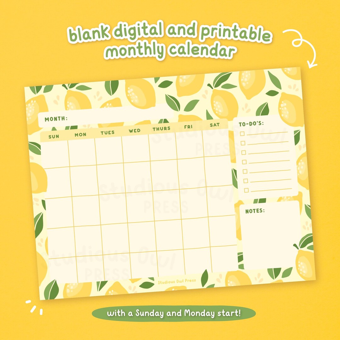 Digital & Printable Blank Monthly Calendar | Lemons | 8.5" X 11 ...