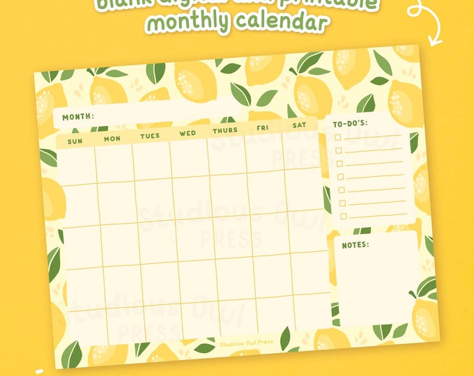 Digital & Printable Blank Monthly Calendar | Lemons | 8.5" X 11 ...
