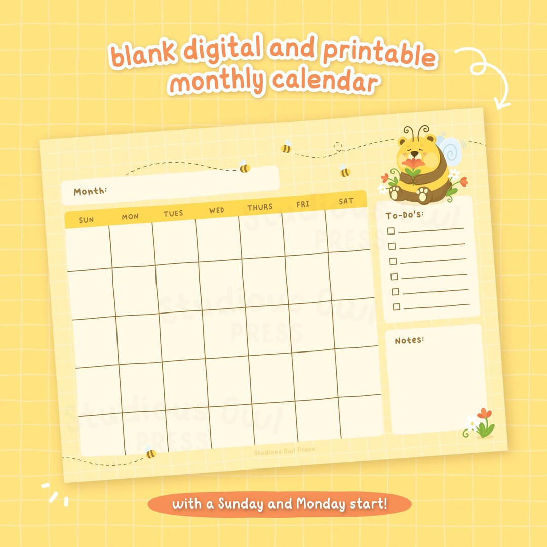 Digital & Printable Blank Monthly Calendar | Bee Bear | 8.5" X 11 ...