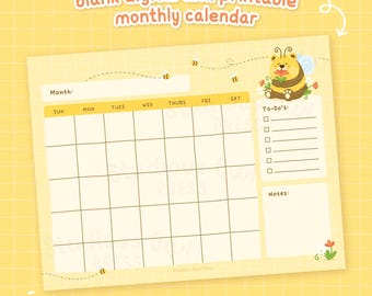 Digital & Printable Blank Monthly Calendar | Bee Bear | 8.5" X 11 ...
