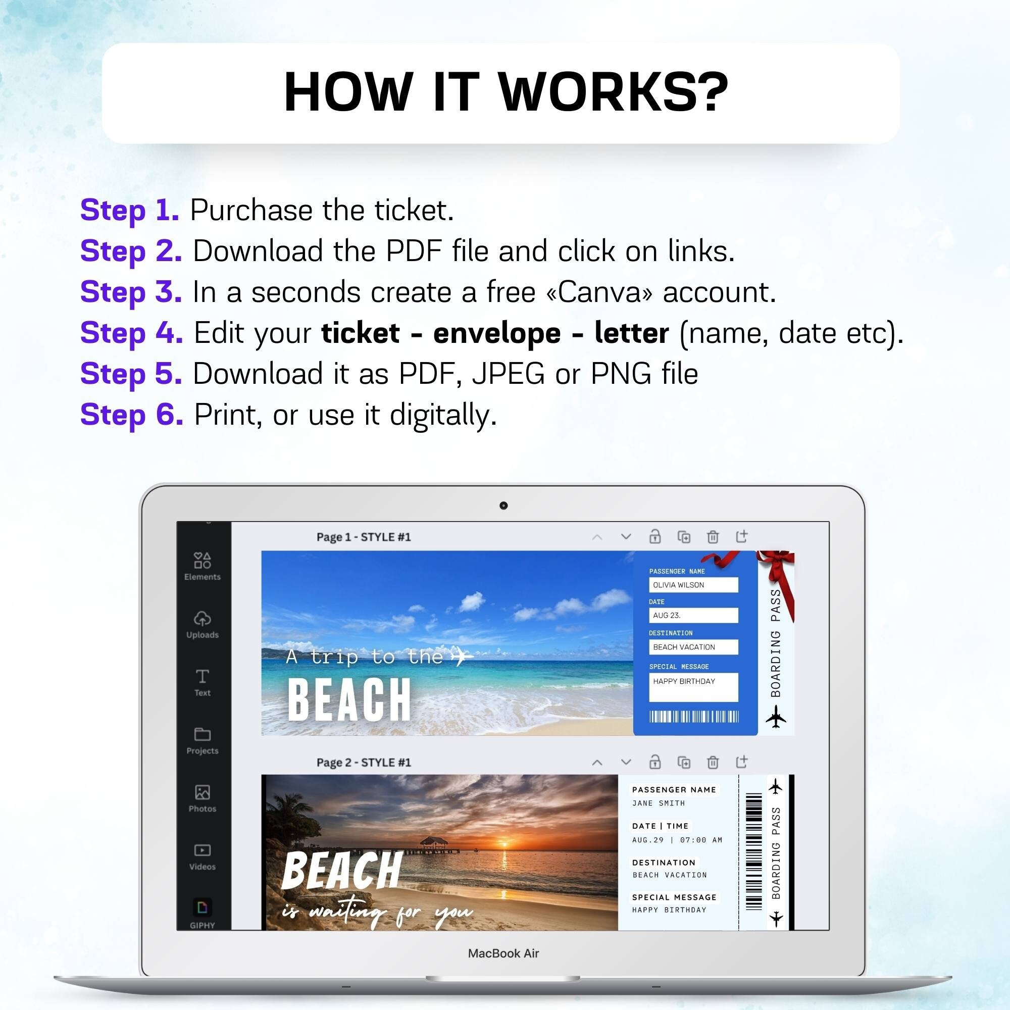 Printable Beach Vacation Ticket Boarding Pass Template - Etsy