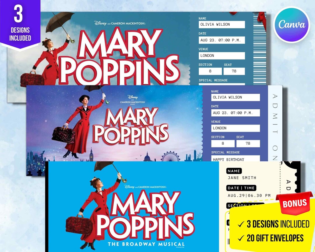 Editable MARY POPPINS Broadway Surprise Ticket. Musical - Etsy