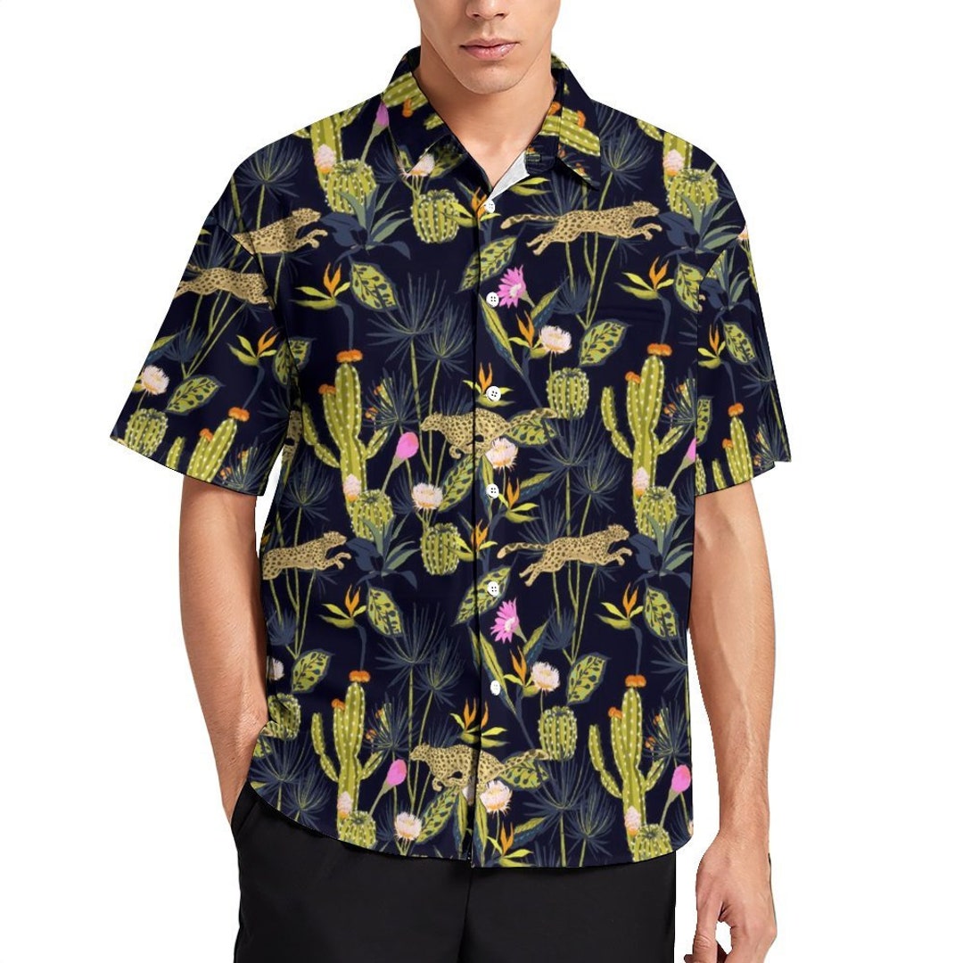 Men's Shirts Tropical Cactus Leopard Floral Print Hawaiian Shirts for ...