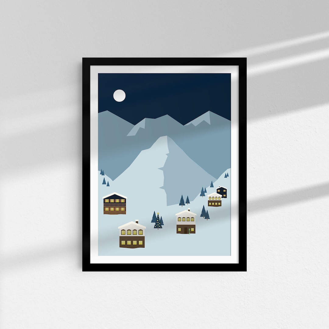 Winter Mountain Wall Printable, Alpine Town Christmas Mountain Flat ...