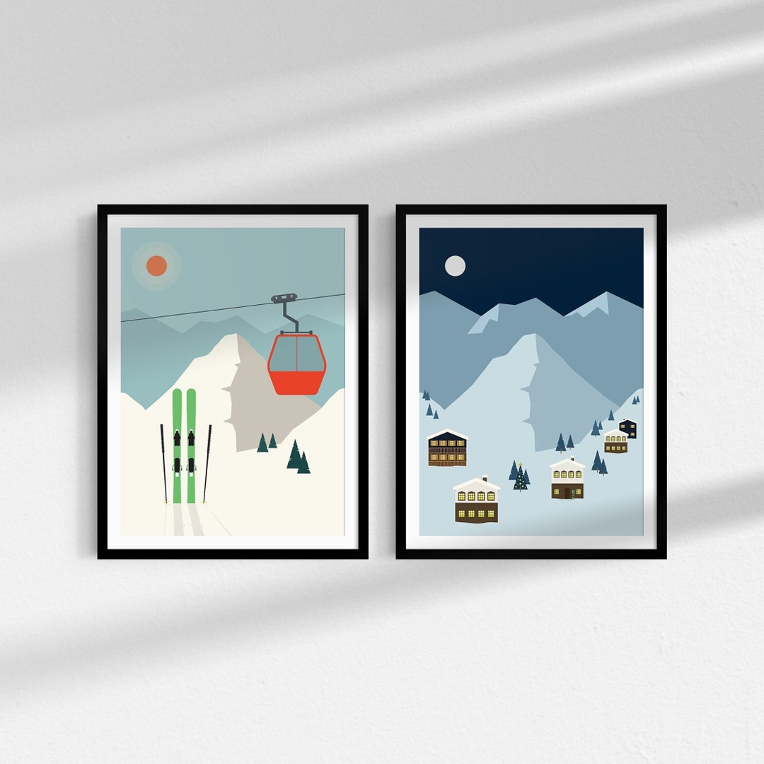 Winter Alpine Ski Scenes Printable Bundle Minimalist Mountain ...