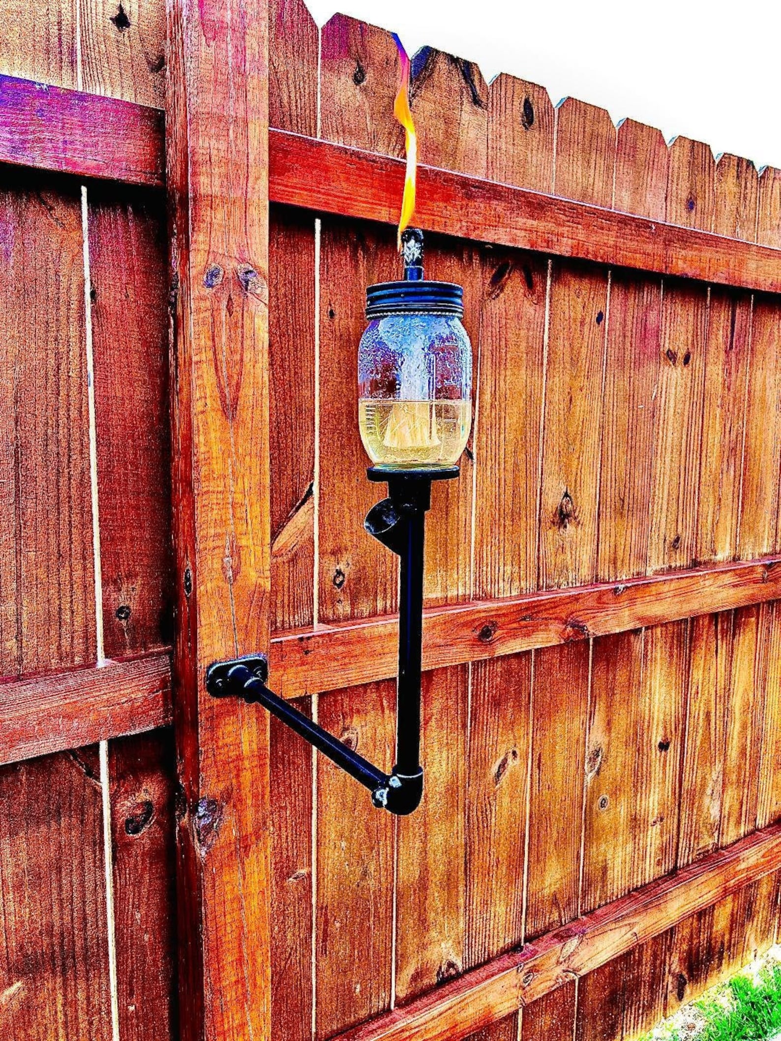 Mounted Mason Jar Style Tiki Torch Citronella Wooden Fence Torch ...