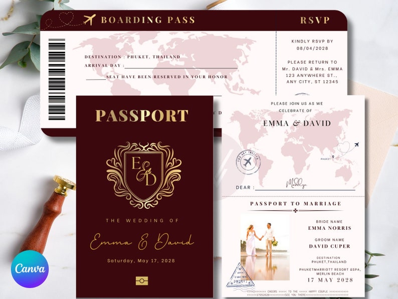 Burgundy Elegant Passport and Boarding Pass Wedding Invitation Template ...