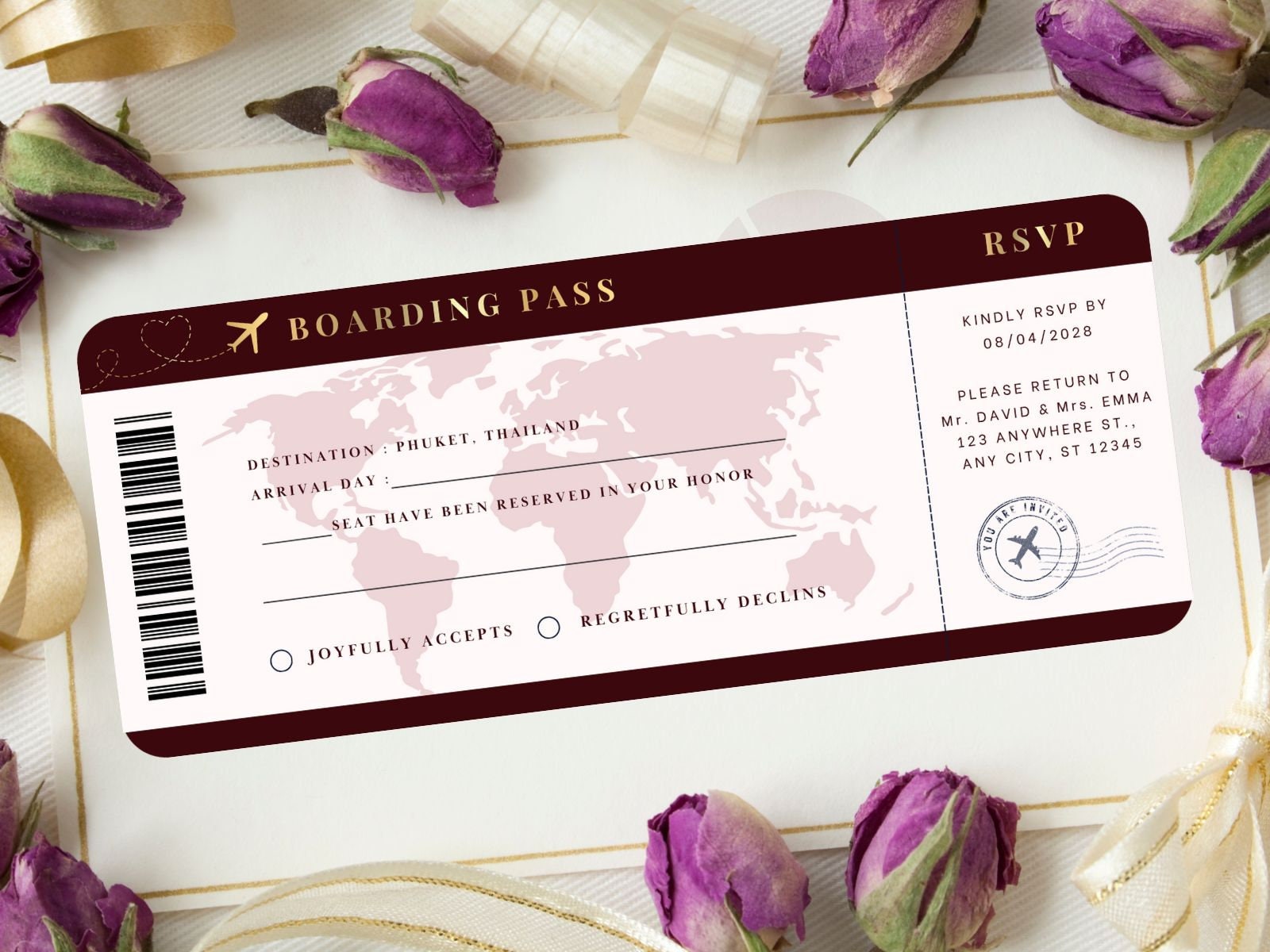 Burgundy Elegant Passport and Boarding Pass Wedding Invitation Template ...