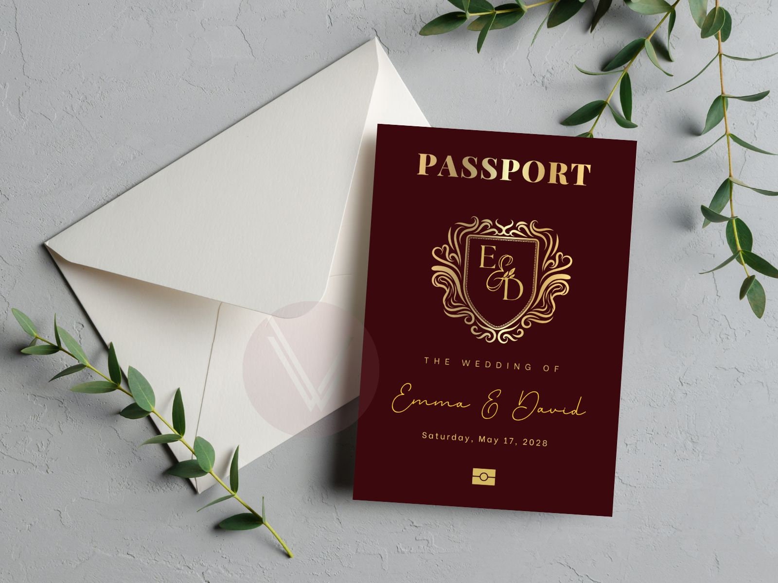 Burgundy Elegant Passport and Boarding Pass Wedding Invitation Template ...