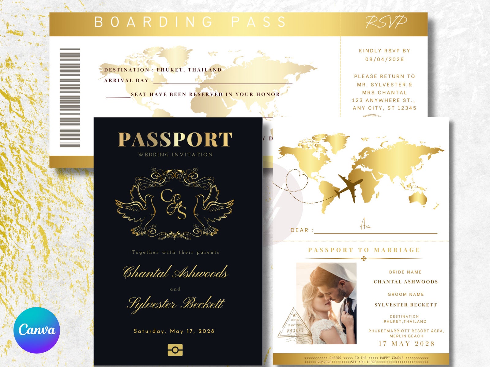 Gold Luxury Passport Wedding Invitation Template, Elegant Passport ...