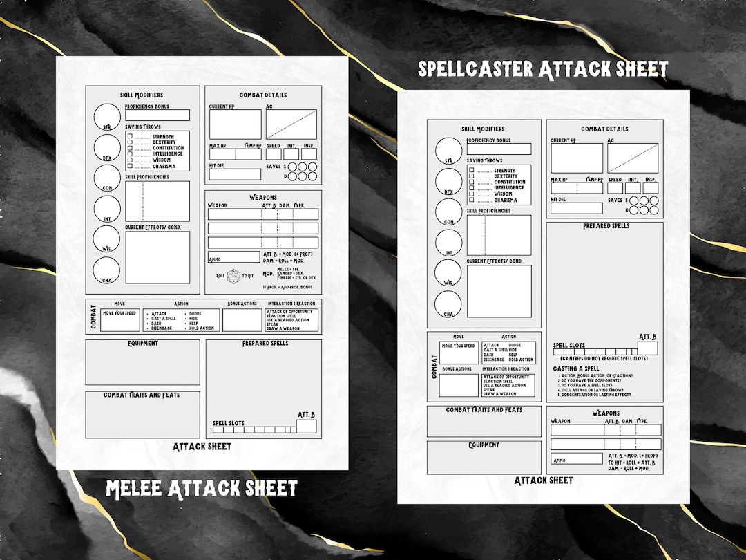 Spellcaster & Melee Attack Sheets Dnd 5e Printable Character Sheets for ...