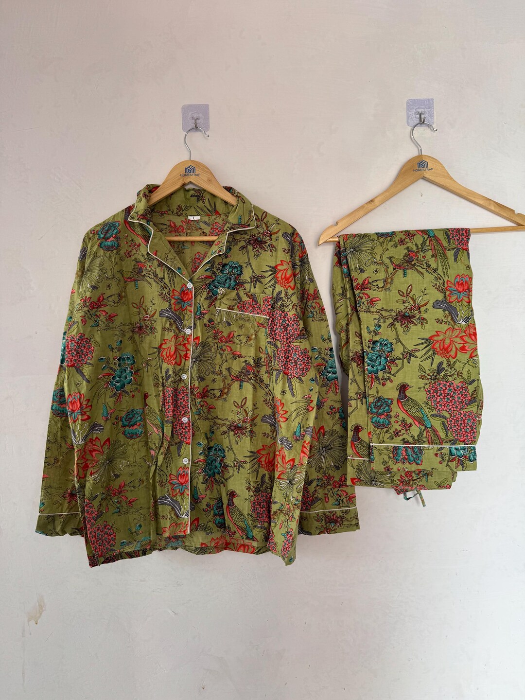 Blue Phool Block Print Cotton Pajama Set: Indian Loungewear With Bag - Etsy