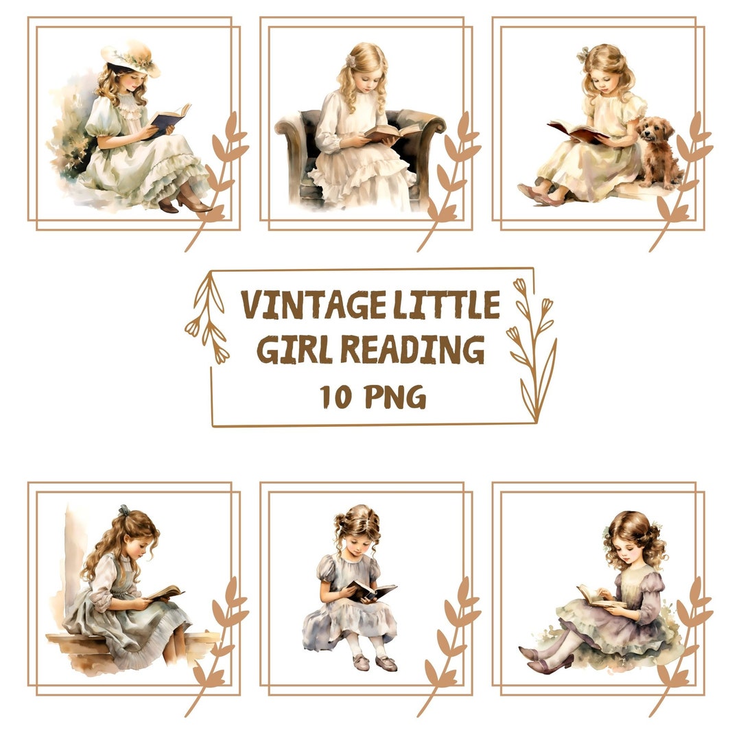 Watercolor Vintage Little Girl Reading Clipart, Studying Clipart, Book ...