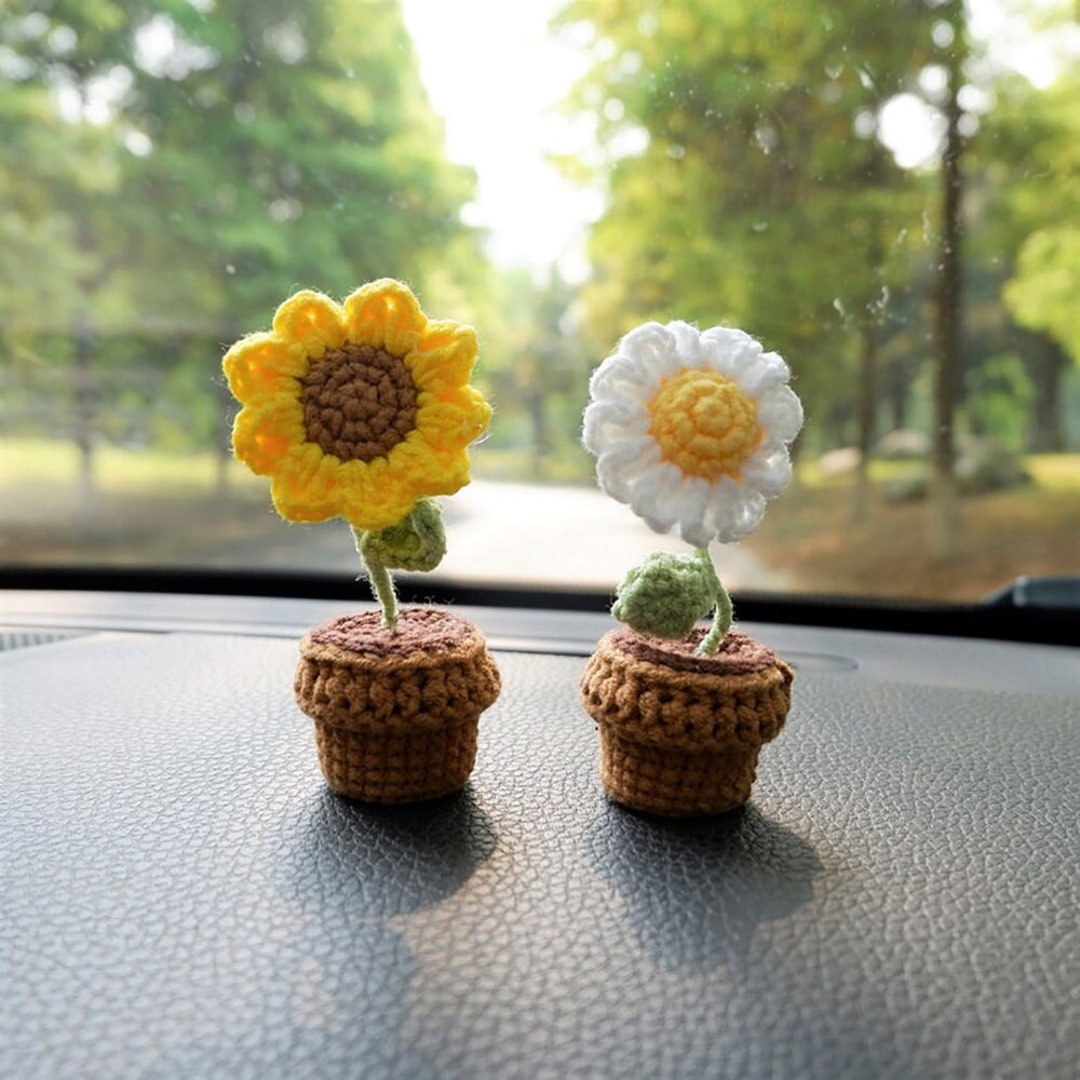 Mini Sunflower Daisy Flower Car Accessories Cute Crochet Mini Potted ...