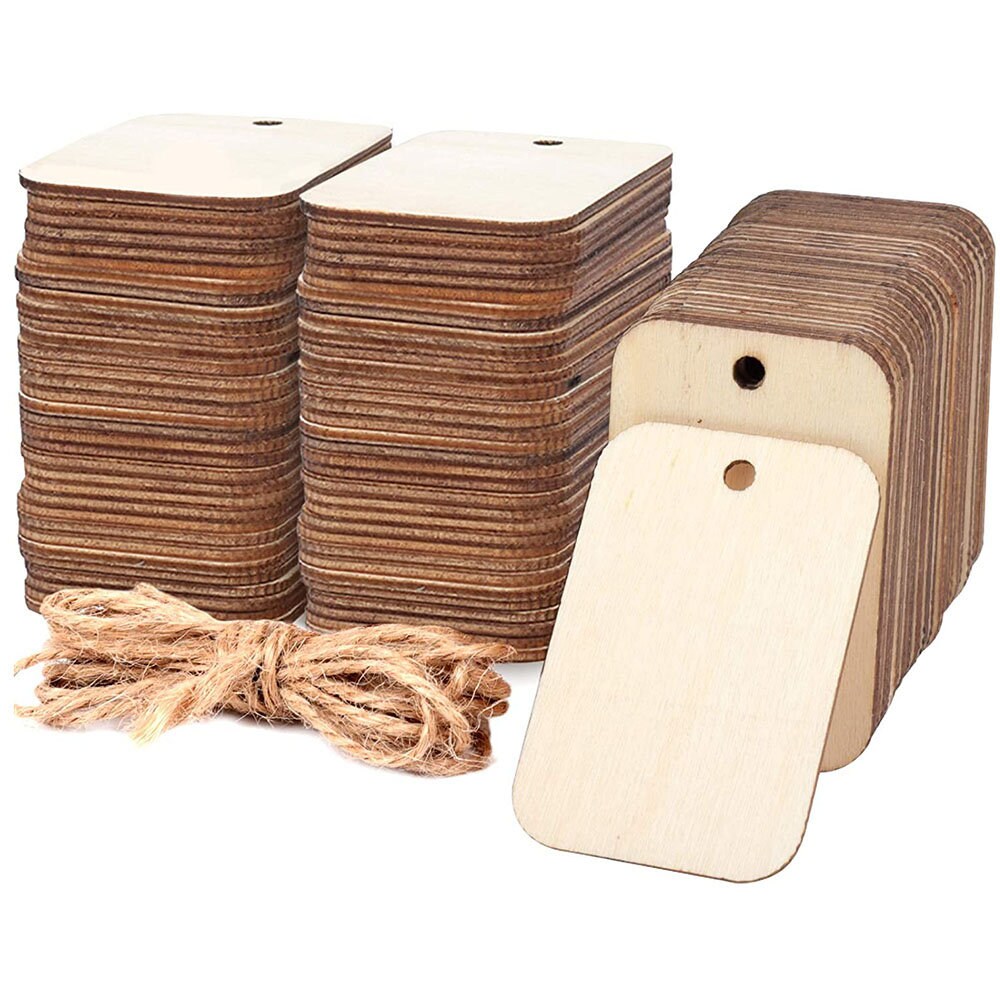 25pcs/lot Rectangle Wooden Hanging Label With Hemp Rope Unfinished Wood ...