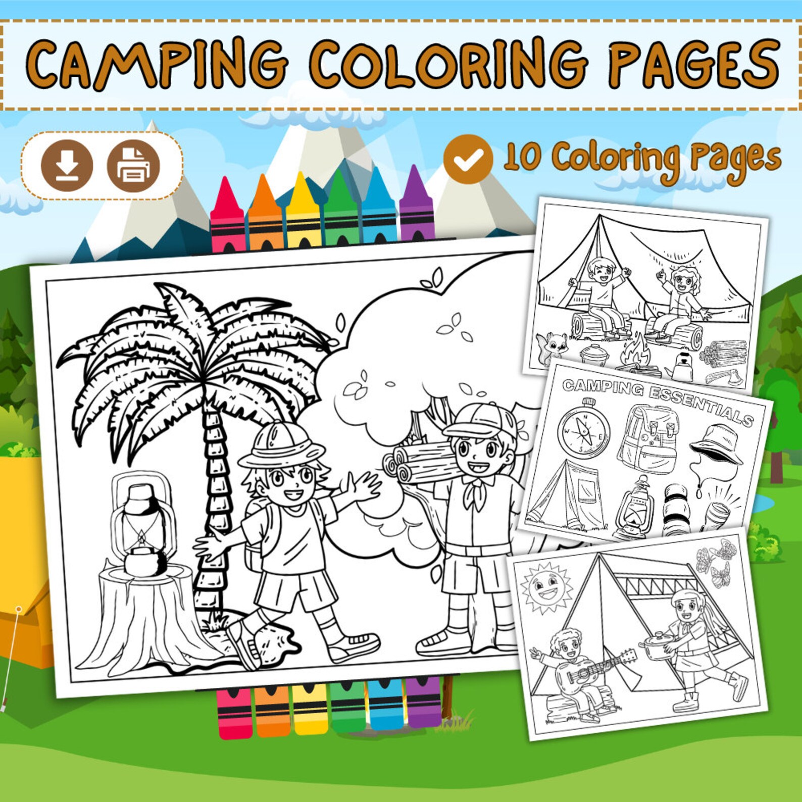 Kids Camping Coloring Pages, Outdoor Coloring Book, Nature Coloring ...