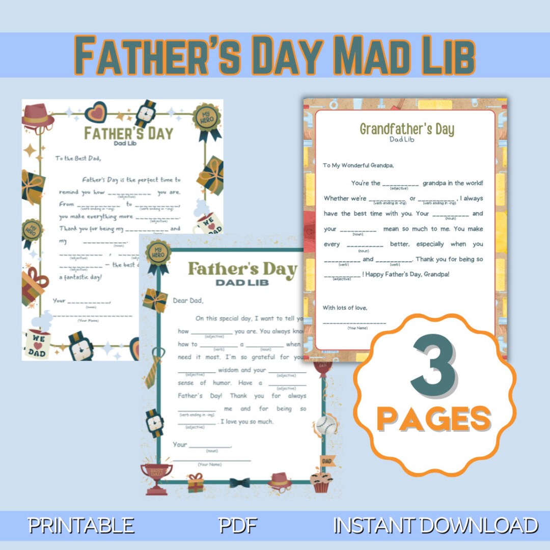 Father's Day Mad Lib, Father's Day Prompt for Kids, Gift for Dad ...