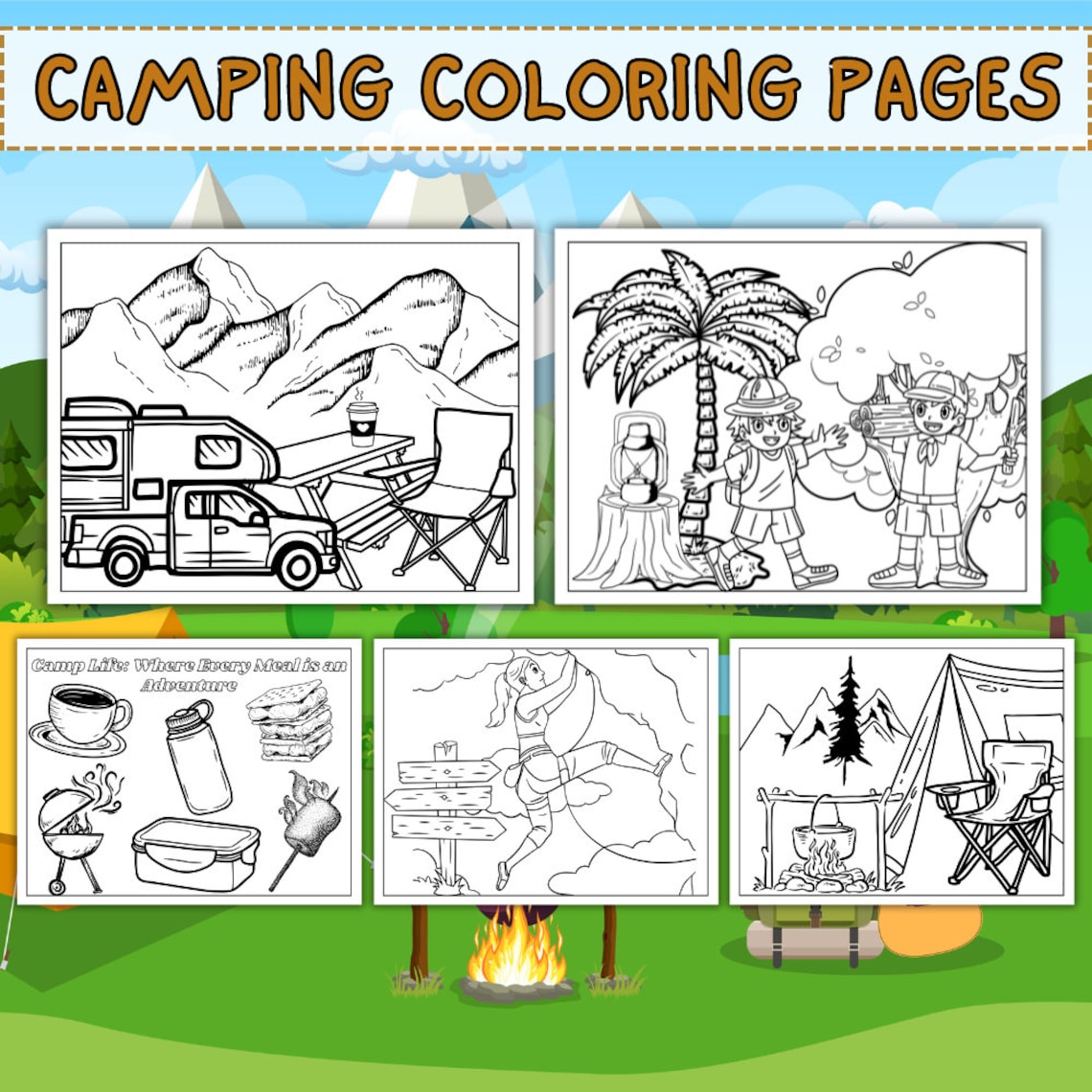 Kids Camping Coloring Pages, Outdoor Coloring Book, Nature Coloring ...