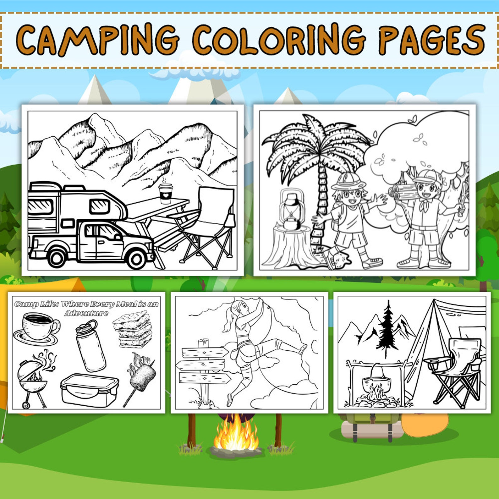 Kids Camping Coloring Pages, Outdoor Coloring Book, Nature Coloring ...