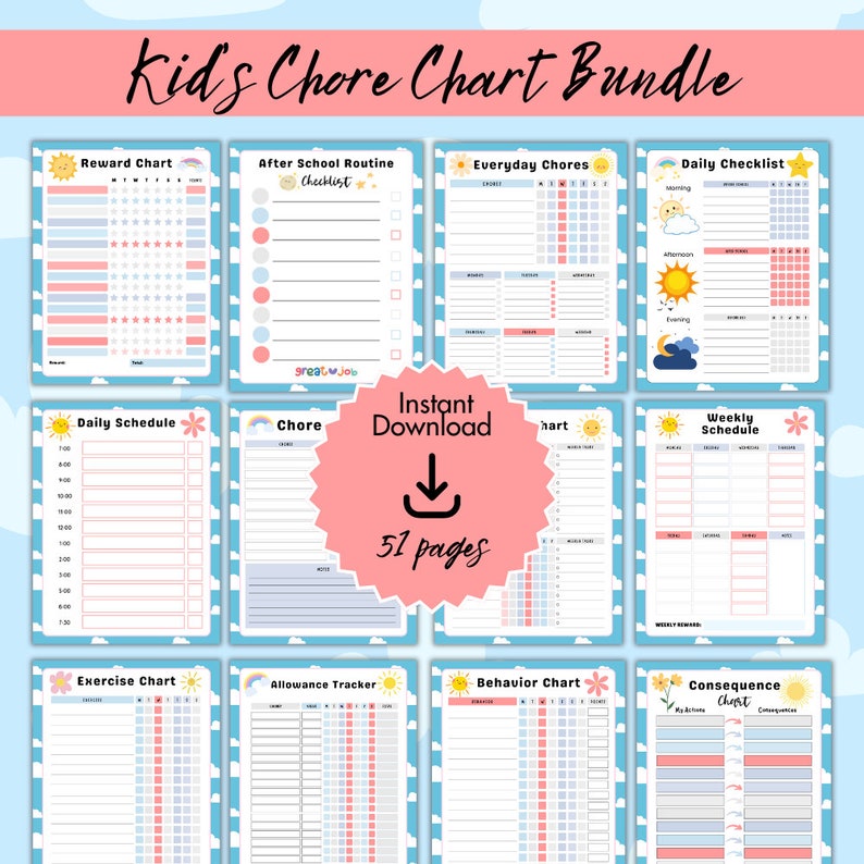 Blue Kids Chore Chart, Kids Chore Chart Bundle, Kids Behavior Chart ...
