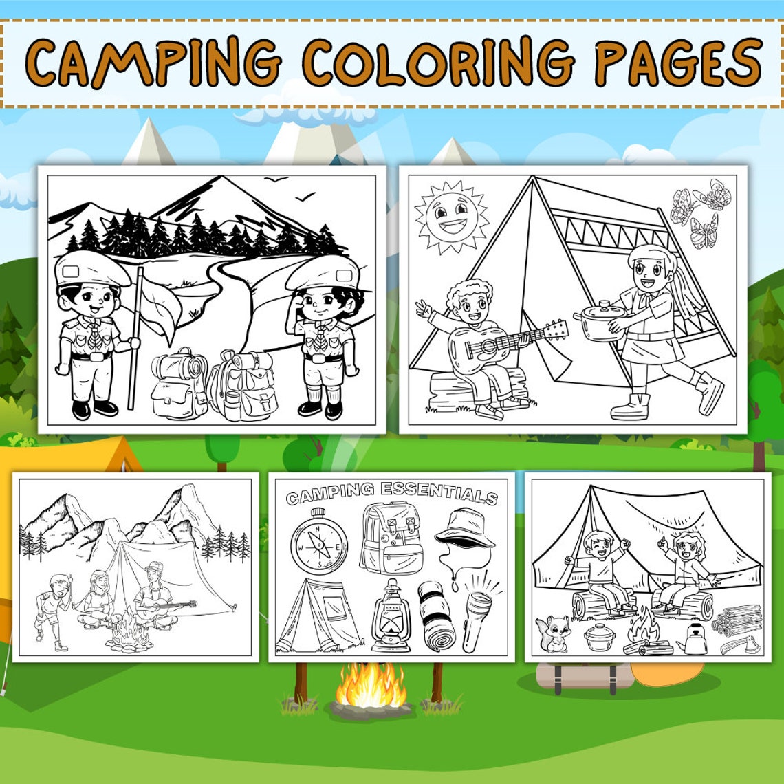 Kids Camping Coloring Pages, Outdoor Coloring Book, Nature Coloring ...