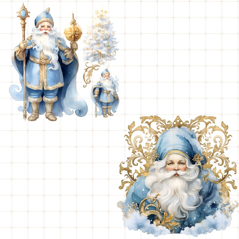 Set of 10 Pngs, Santa Retro Blue Clipart, Blue Christmas Santa Digital ...