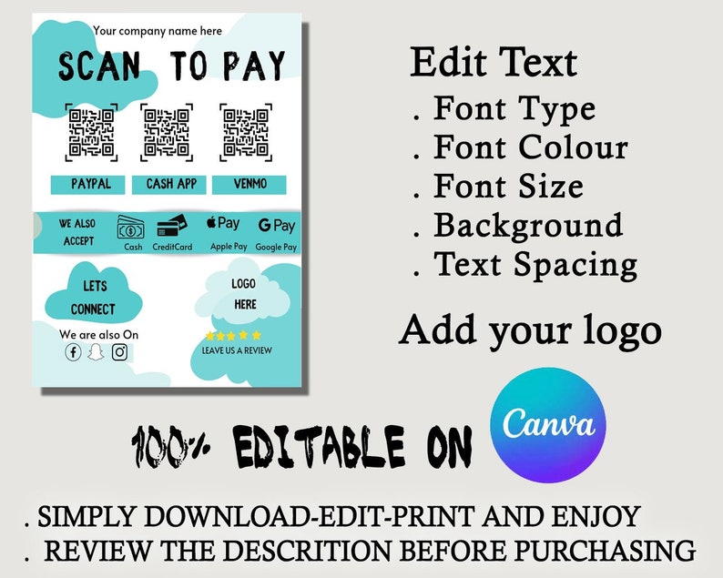 Editable Scan to Pay Sign Printable Template - Instant Download ...