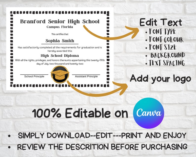 Editable Home School Diploma Template Custom Graduation Certificate ...